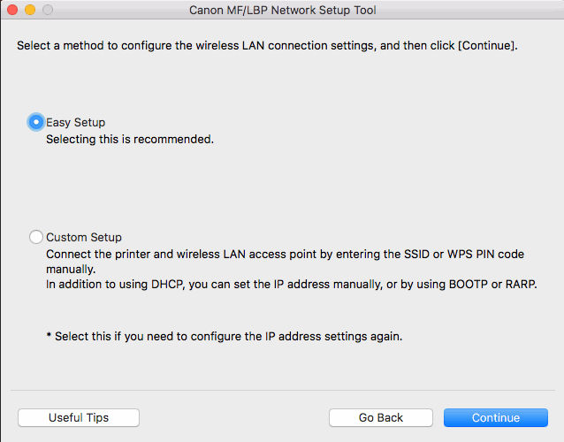 Configuring the wireless settings using the Network Setup Tool on Mac